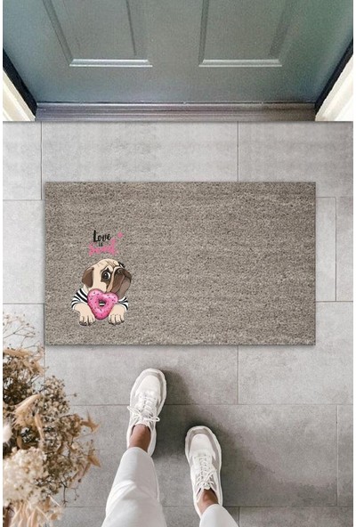 Anl Company Dijital Baskı Gri Love Sweet Pembe Şekerlemeli Bulldog Köpek Dekoratif Kapı Paspası PS1323
