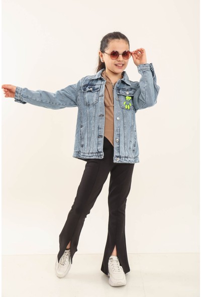 Mini Moda Ayıcık Aksesuarlı Kız Kot Ceket Mini Moda Ayıcık Aksesuarlı Kız Kot Ceket
