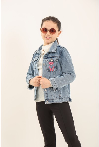 Mini Moda Ayıcık Aksesuarlı Kız Kot Ceket Mini Moda Ayıcık Aksesuarlı Kız Kot Ceket