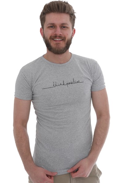 Bogda Erkek Slim Fit %100 Pamuklu Kısa Kollu Bisiklet Yaka Baskılı T-Shirt Gri Think