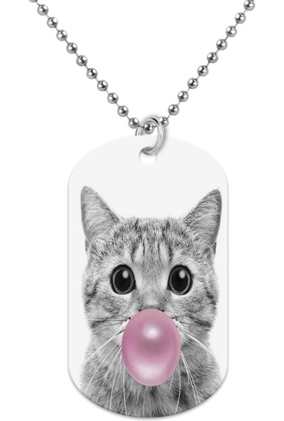 Sakızlı Kedi Baskılı Gümüş Zincirli Künye/kolye TYT1765