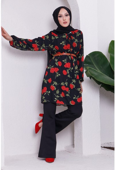 Desenli Kemer Detaylı Şifon Tesettür Tunik/yeşil