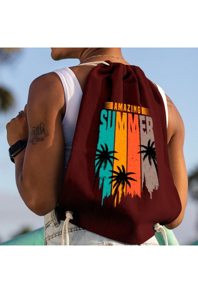 Gabardin Baskılı Bordo Renk Bez Sırt Çantası - 0203