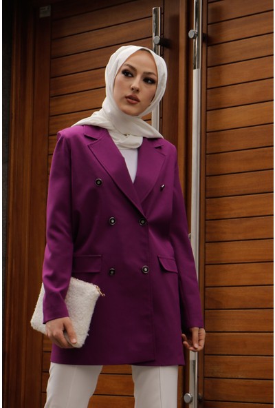 İmaj Butik Kruvaze Yaka Düğmeli Tesettür Ceket/mor