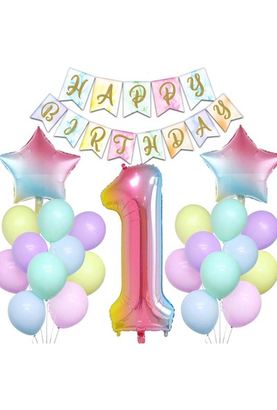 Patladı Gitti Gökkuşağı Konsepti 1 Yaş Doğum Günü Parti Kutlama Seti; Rakam ve Yıldız Folyo, Banner ve Makaron Balon Patladı Gitti Gökkuşağı Konsepti 1 Yaş Doğum Günü Parti Kutlama Seti; Rakam ve Yıldız Folyo, Banner ve Makaron Balon