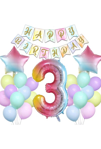 Patladı Gitti Gökkuşağı Konsepti 3 Yaş Doğum Günü Parti Kutlama Seti; Rakam ve Yıldız Folyo, Banner ve Makaron Balon Patladı Gitti Gökkuşağı Konsepti 3 Yaş Doğum Günü Parti Kutlama Seti; Rakam ve Yıldız Folyo, Banner ve Makaron Balon