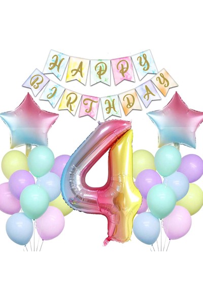 Patladı Gitti Gökkuşağı Konsepti 4 Yaş Doğum Günü Parti Kutlama Seti; Rakam ve Yıldız Folyo, Banner ve Makaron Balon Patladı Gitti Gökkuşağı Konsepti 4 Yaş Doğum Günü Parti Kutlama Seti; Rakam ve Yıldız Folyo, Banner ve Makaron Balon