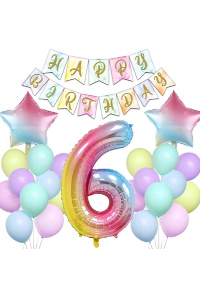 Patladı Gitti Gökkuşağı Konsepti 6 Yaş Doğum Günü Parti Kutlama Seti; Rakam ve Yıldız Folyo, Banner ve Makaron Balon Patladı Gitti Gökkuşağı Konsepti 6 Yaş Doğum Günü Parti Kutlama Seti; Rakam ve Yıldız Folyo, Banner ve Makaron Balon