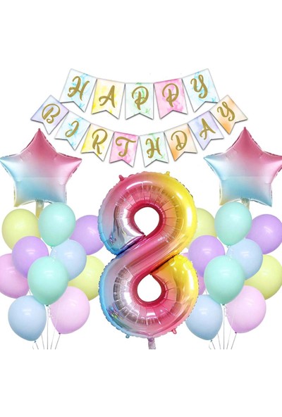 Patladı Gitti Gökkuşağı Konsepti 8 Yaş Doğum Günü Parti Kutlama Seti; Rakam ve Yıldız Folyo, Banner ve Makaron Balon Patladı Gitti Gökkuşağı Konsepti 8 Yaş Doğum Günü Parti Kutlama Seti; Rakam ve Yıldız Folyo, Banner ve Makaron Balon