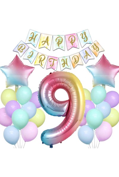 Patladı Gitti Gökkuşağı Konsepti 9 Yaş Doğum Günü Parti Kutlama Seti; Rakam ve Yıldız Folyo, Banner ve Makaron Balon Patladı Gitti Gökkuşağı Konsepti 9 Yaş Doğum Günü Parti Kutlama Seti; Rakam ve Yıldız Folyo, Banner ve Makaron Balon