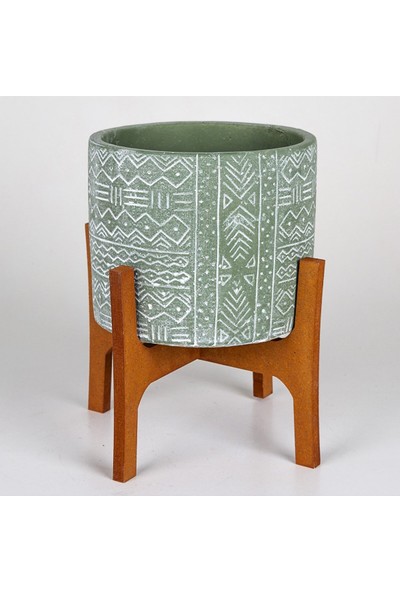Bernardeschi Stand Ayaklı Etnik Desenli Büyük Yeşil Beton Saksı 17X25 cm