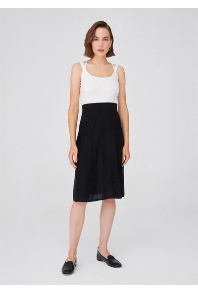 Peraluna Çizgili Yüksek Bel Bol Kesim Triko Etek Siyah
