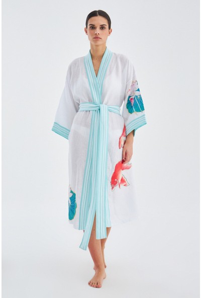 Peraluna Lotus Balık Aplikelii Keten Karışımlı Diz Altı Kadın Kimono Beyaz