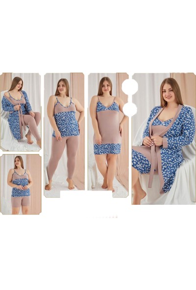 Swella Battal Beden 5'li Sabahlık Gecelik Takımı Çiçek Desenli