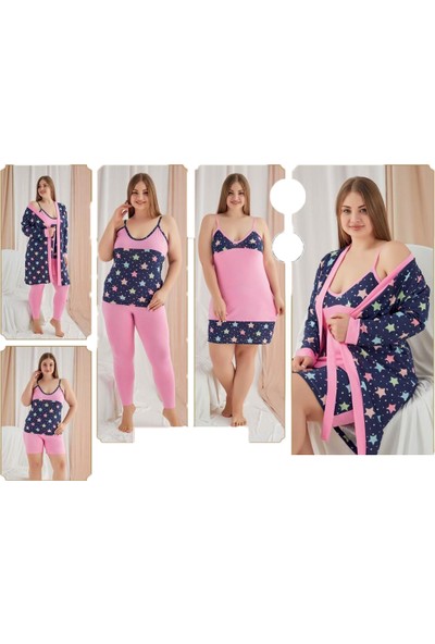 Swella Battal Beden 5'li Sabahlık Gecelik Takımı Yıldız Desenli