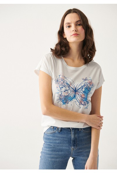 Mavi Kelebek Baskılı Beyaz Tişört