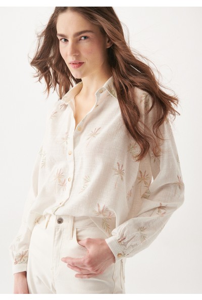 Mavi Palmiye Baskılı Beyaz Gömlek