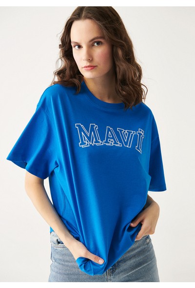 Mavi Logo Baskılı Mavi Tişört
