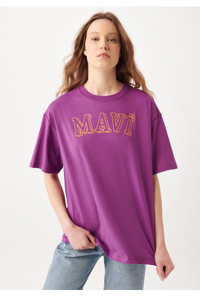 Mavi Logo Baskılı Mor Tişört