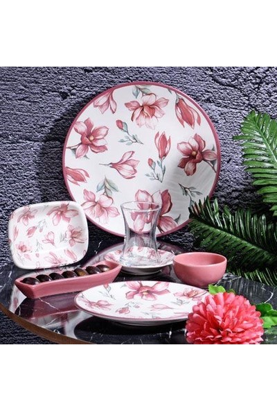 Keramika 19 Parça Kahvaltı Takımı Pembe Çiçek Keramika 19 Parça Kahvaltı Takımı Pembe Çiçek
