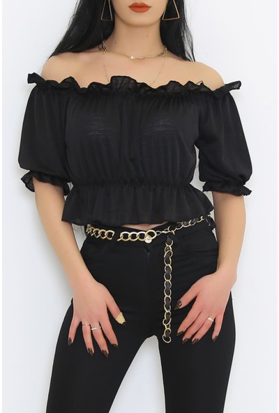 Yusra Kayık Yaka Krınkıl Bluz Siyah - 4884.148.
