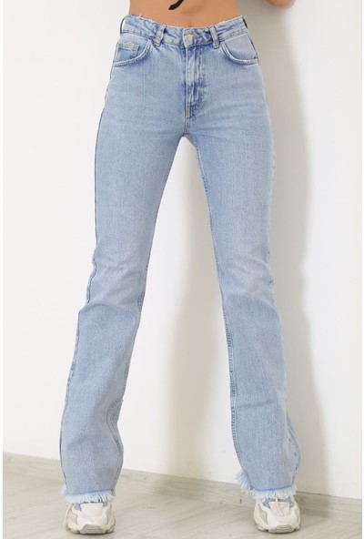 Yusra Belden Eskitmeli Boru Paça Kot Pantolon Buzmavi - 2437.1590.
