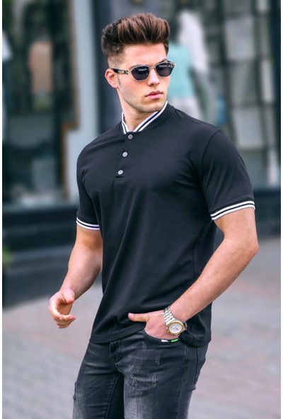 Madmext Siyah Düz Polo Yaka Erkek Tişört