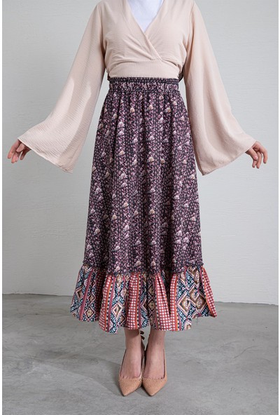 Modaala Altı Fırfırlı Desenli Etek Siyah