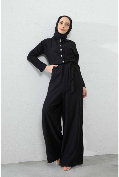 Modaala Beli Büzgülü Kuşaklı Tulum Siyah