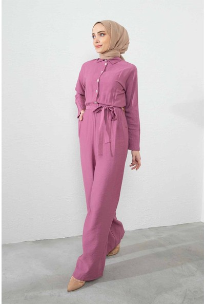 Modaala Beli Büzgülü Kuşaklı Tulum Gül Kurusu