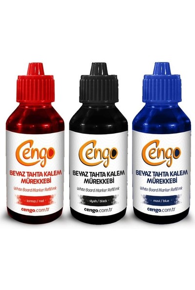 Cengo 4 Renk- Beyaz Tahta Kalemi Mürekkebi 100 ml Siyah-Mavi-Kırmızı-Yeşil Cengo 4 Renk- Beyaz Tahta Kalemi Mürekkebi 100 ml Siyah-Mavi-Kırmızı-Yeşil