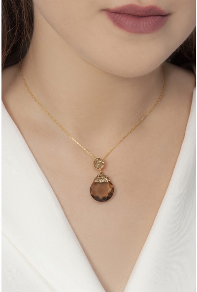 Ateş Gold Yuvarlak Taşlı Gümüş Kolye