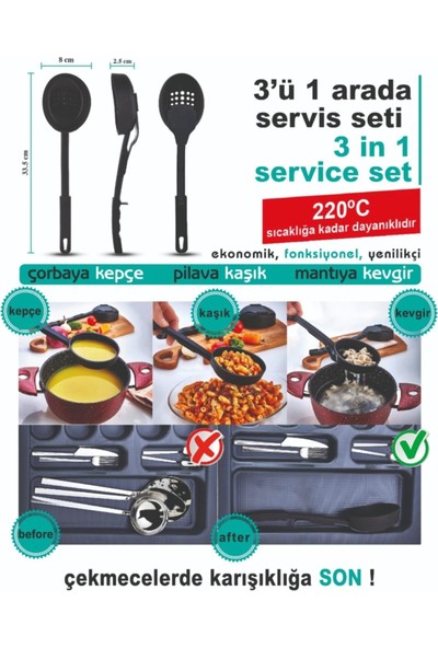 Karalı Plastik 3’ü 1 Arada Servis Seti Kepçe Kaşık Kevgir Karalı Plastik 3’ü 1 Arada Servis Seti Kepçe Kaşık Kevgir