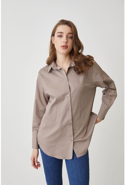 Lime Moda Oversize Gömlek-Vizon Lime Moda Oversize Gömlek-Vizon