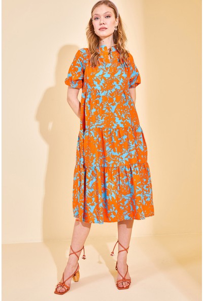 Xhan Mavi Karpuz Kol Desenli Elbise 2YXK6-46132-12 Xhan Mavi Karpuz Kol Desenli Elbise 2YXK6-46132-12