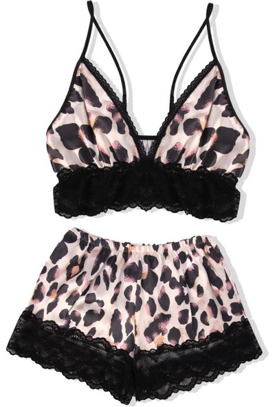 Dominant Kadın Dantelli Leopar Saten Ip Askılı Şort Takım 12093-3