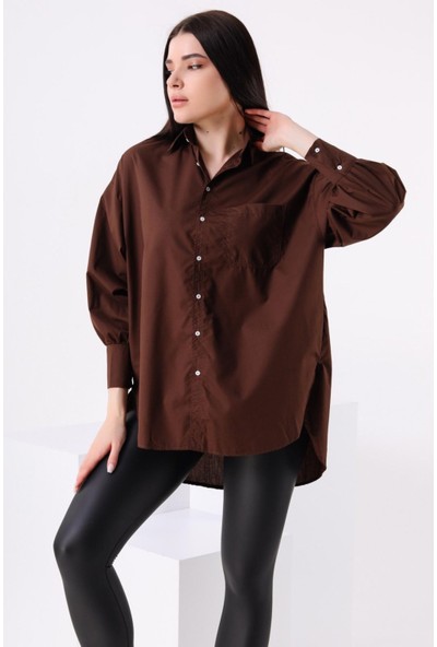 Siyah Kadın Kahverengi Oversize Yırtmaçlı Salaş Terry Pamuklu Gömlek - GİY00138 Siyah Kadın Kahverengi Oversize Yırtmaçlı Salaş Terry Pamuklu Gömlek - GİY00138