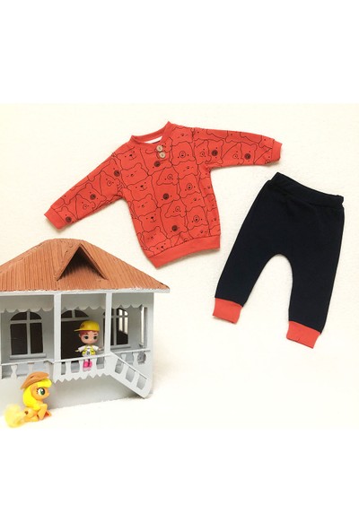 Ayıcık Baskılı %100 Pamuk Pijama Takımı - Kiremit - 18-24 Ay - TURCA00030-KİREMİT-18-24 Ay