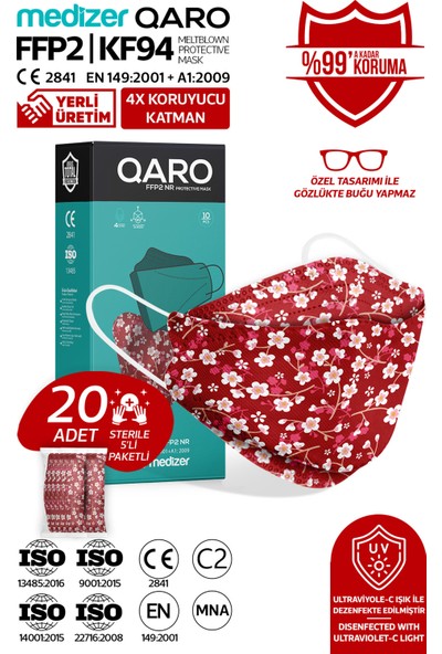 Medizer Qaro Kırmızı Çiçek Desenli Kore Tipi KF94 Ffp2 Maske Medizer Qaro Kırmızı Çiçek Desenli Kore Tipi KF94 Ffp2 Maske
