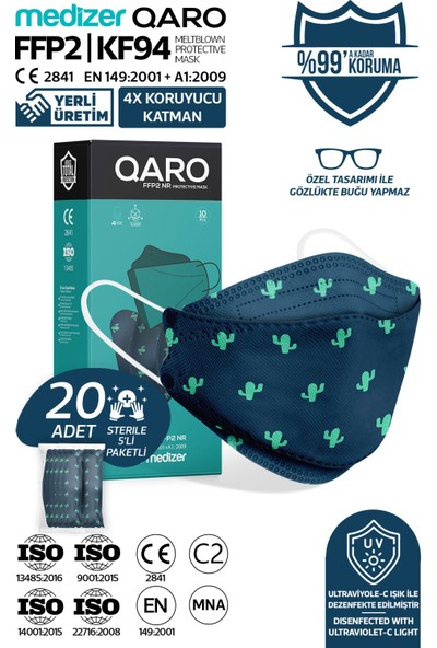 Medizer Qaro Yeşil Kaktüs Desenli Kore Tipi KF94 Ffp2 Maske Medizer Qaro Yeşil Kaktüs Desenli Kore Tipi KF94 Ffp2 Maske