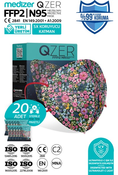 Medizer Qzer Violet Desenli Ffp2 N95 Maske 5 Katmanlı Medizer Qzer Violet Desenli Ffp2 N95 Maske 5 Katmanlı