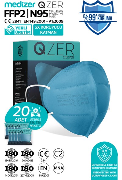 Medizer Qzer Mavi Renk 5 Katmanlı Ffp2 N95 Maske Medizer Qzer Mavi Renk 5 Katmanlı Ffp2 N95 Maske