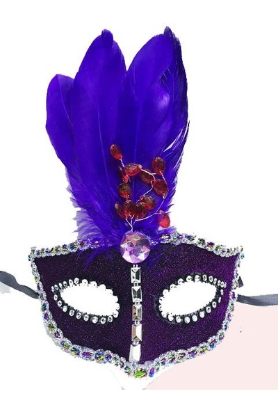 Xnews Boncuk Işlemeli Dantelli Mor Tüylü Yılbaşı Parti Maskesi Mor Renk