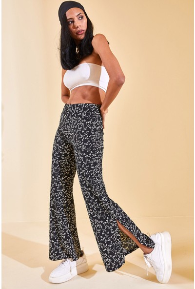 Siyah Yırtmaç Detaylı Desenli Salaş Pantolon 2YXK5-46139-02