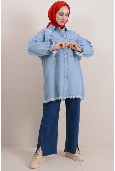 Koçin Butik Taş Detaylı Denım Ceket -Mavi