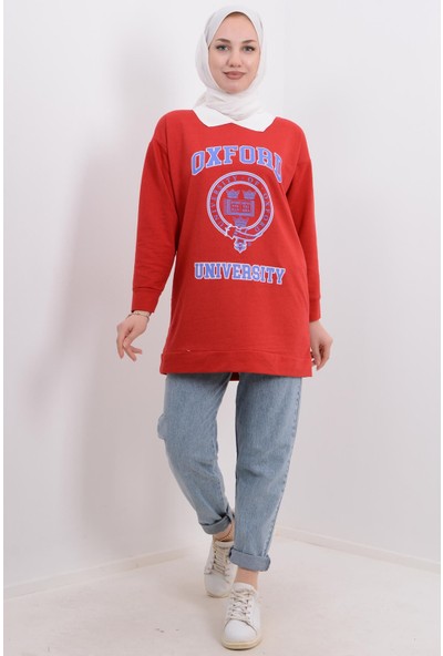 Koçin Butik Oxford Baskılı Yaka Detaylı Sweatshirt -Kırmızı