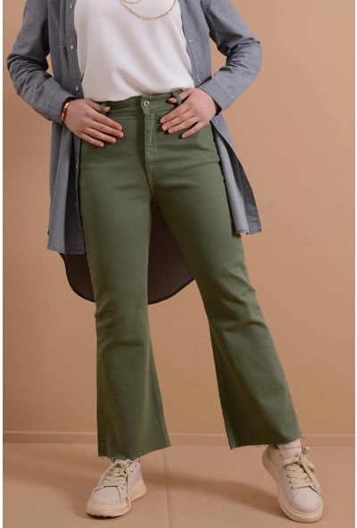 Koçin Butik Kesik Ispanyol Paça Gabardin Pantolon -Haki Koçin Butik Kesik Ispanyol Paça Gabardin Pantolon -Haki