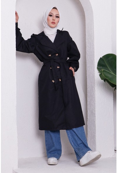 İmaj Butik Balon Kol Düğmeli Tesettür Trençkot/siyah İmaj Butik Balon Kol Düğmeli Tesettür Trençkot/siyah