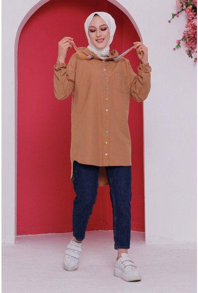 İmaj Butik Kapişonlu Önden Düğmeli Tesettür Tunik/taba