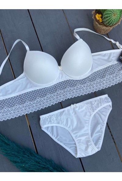 Mooi Ekru Elegant Dantelli Dolgulu Sütyen Takım